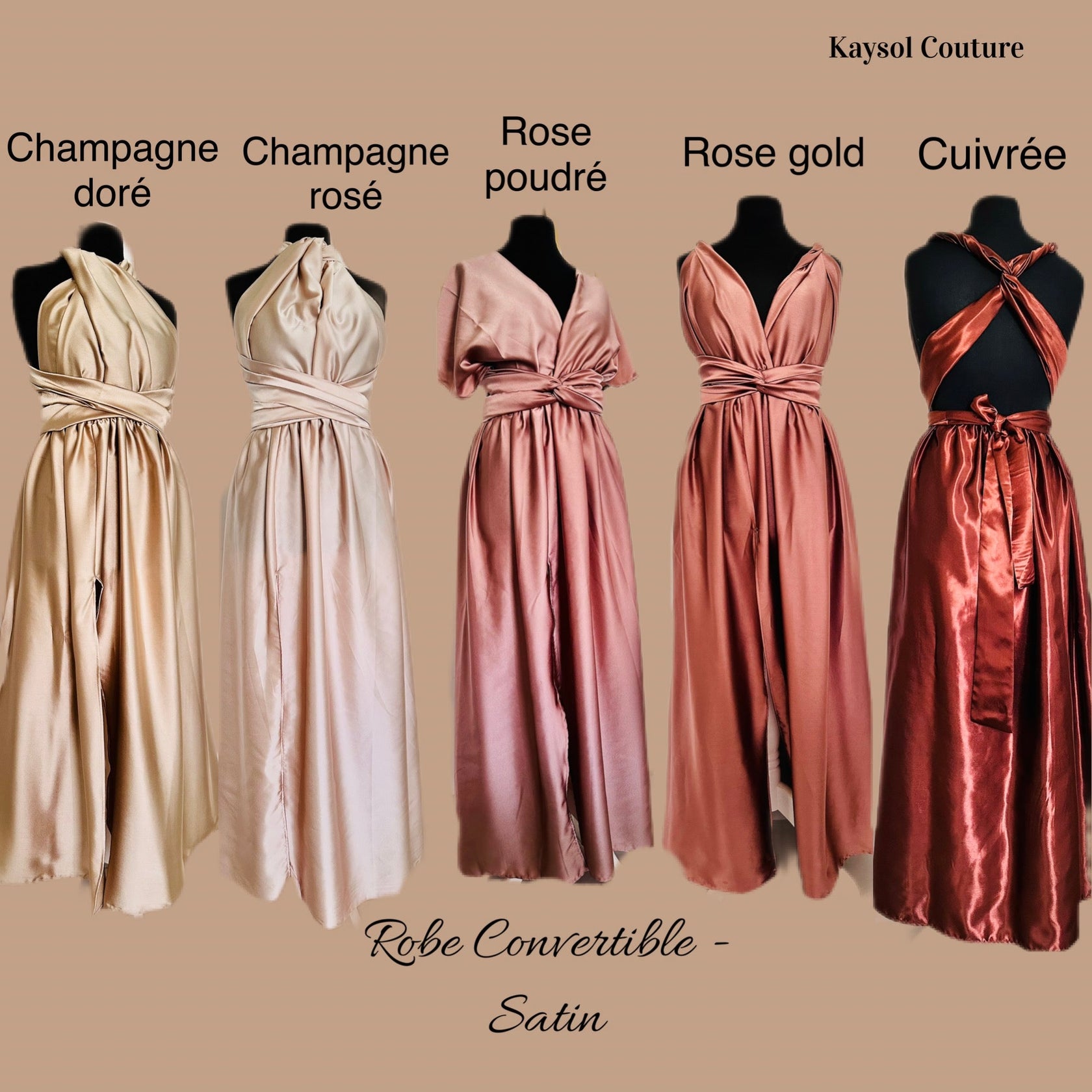 Robe convertible en Satin - Choix Couleur – Kaysol Couture